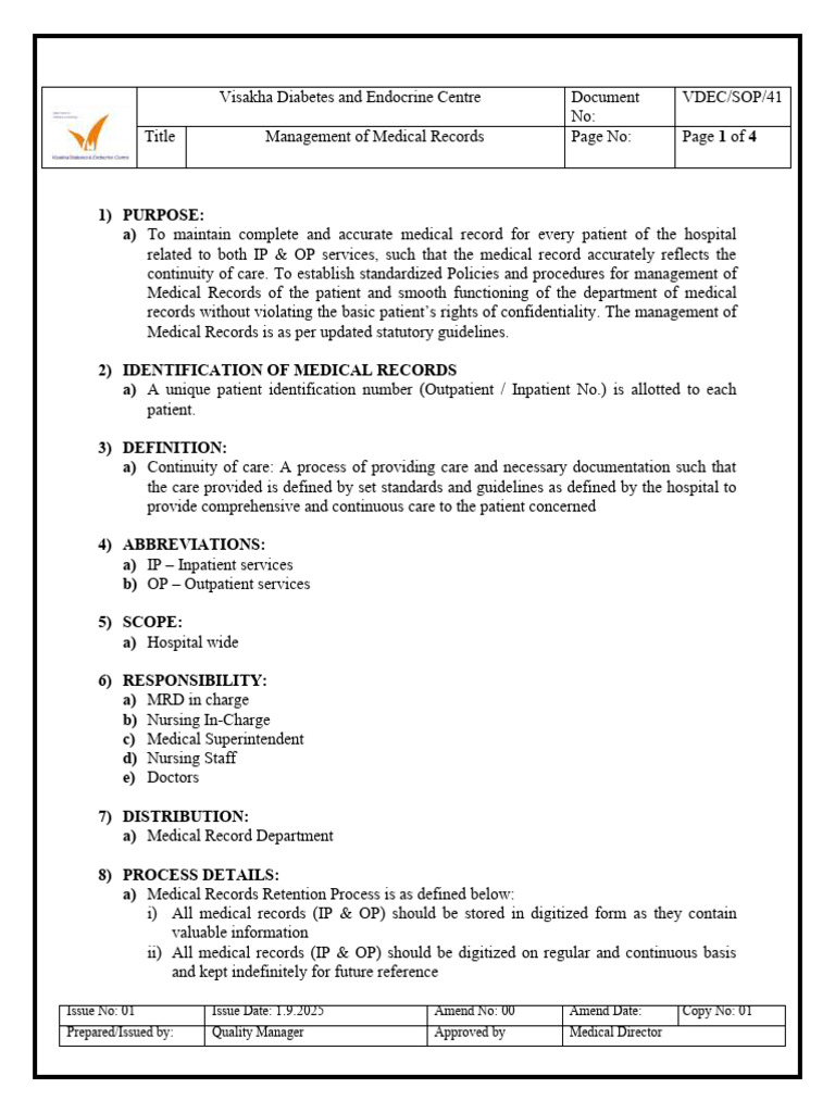 Medical Records Management SOP | PDF | Medical Record | Patient