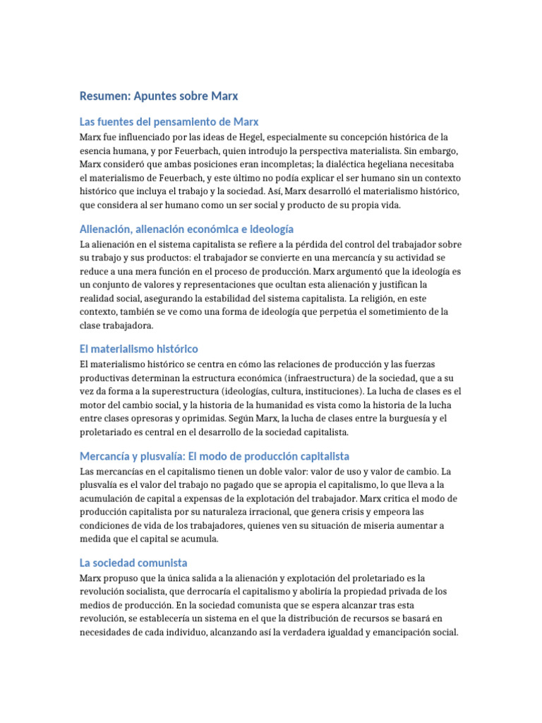 Resumen Marx | PDF | Karl Marx | La teoría de la alienación de Marx