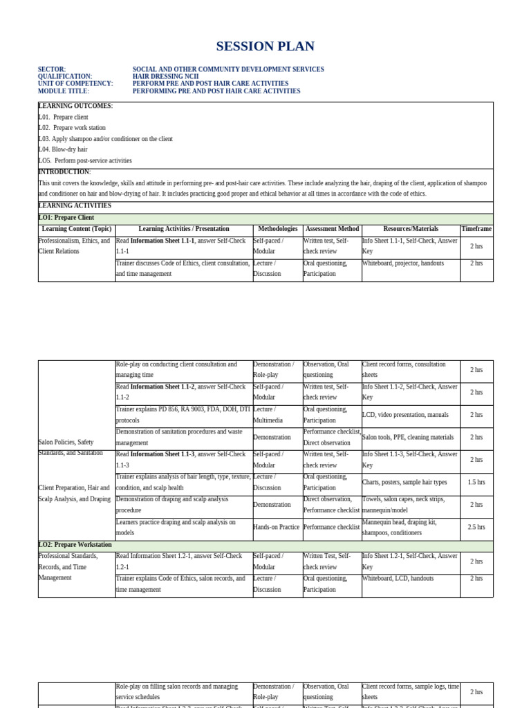 Hair Care Activities Training Plan | PDF | Learning | Teachers