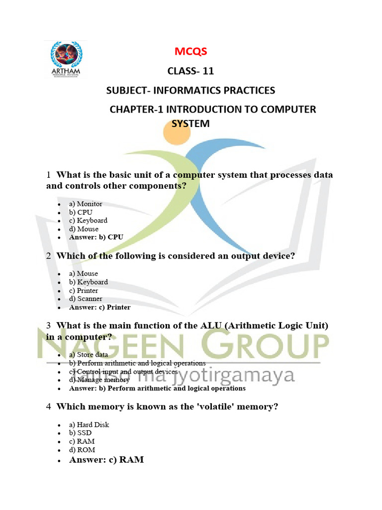 Class 11 Mcqs Informatics Practices Chap 1-1 | PDF | Computer Data Storage | Read Only Memory
