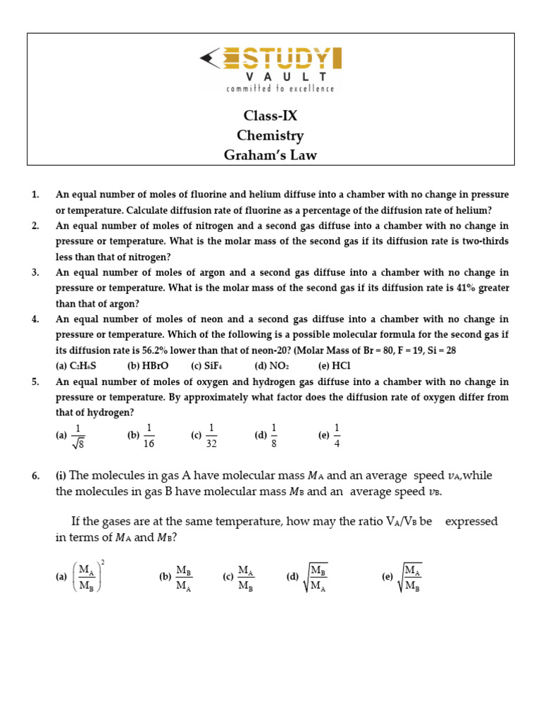 IX Worksheet Graham's Law DPSI | PDF | Gases | Mole (Unit)