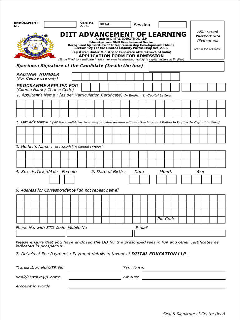 Aadhar Card Admission Form | PDF