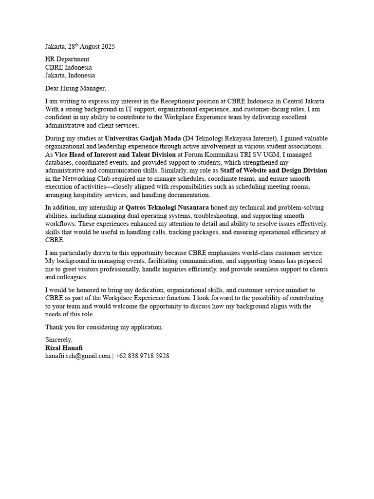 Rizal Hanafi CBRE - Cover Letter | PDF