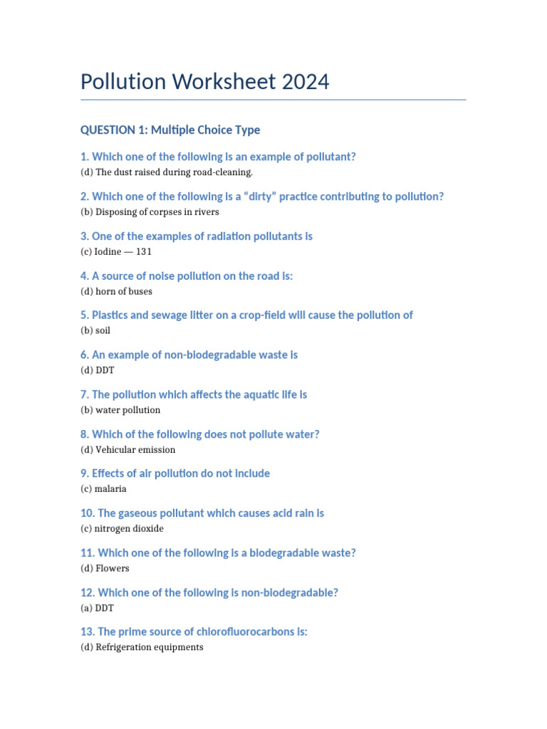 Pollution Worksheet 2024: Key Concepts & Questions | PDF | Pollution ...