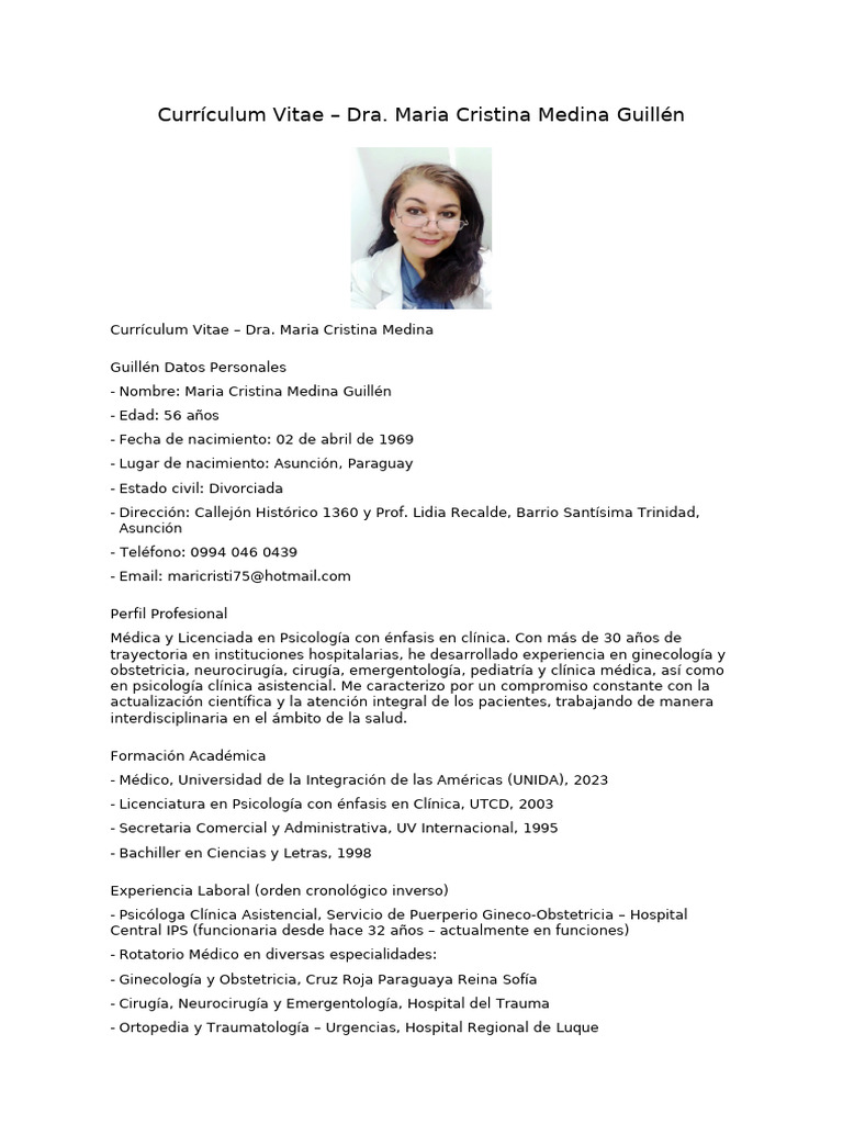 CV COMPLETO FOTO FINAL Dra Maria Cristina Medina Guillen | PDF | Hospital | Ciencias de la Salud