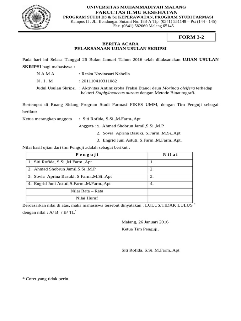 Form 3.2 - Berita Acara Pelaksanaan Ujian Usulan Skripsi | PDF