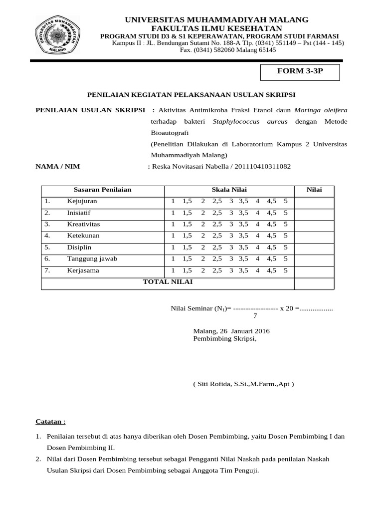 Form 3.3P1 - Penilaian Kegiatan Pelaksanaan Usulan Skripsi Bu Rofida | PDF