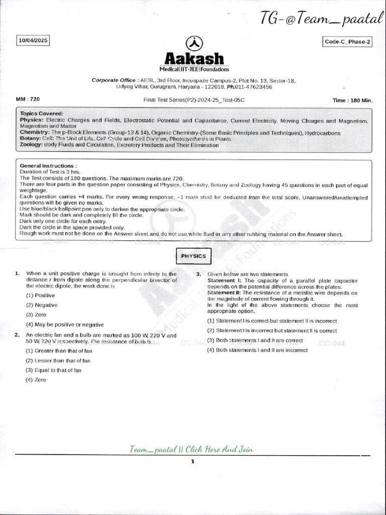 Final Test Series For NEET-2025 Test-5C Question Paper | PDF