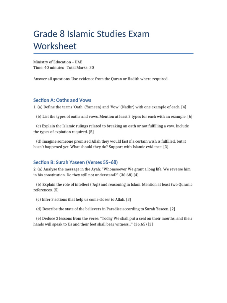 Grade8 Islamic Studies Exam Worksheet MOE UAE | PDF