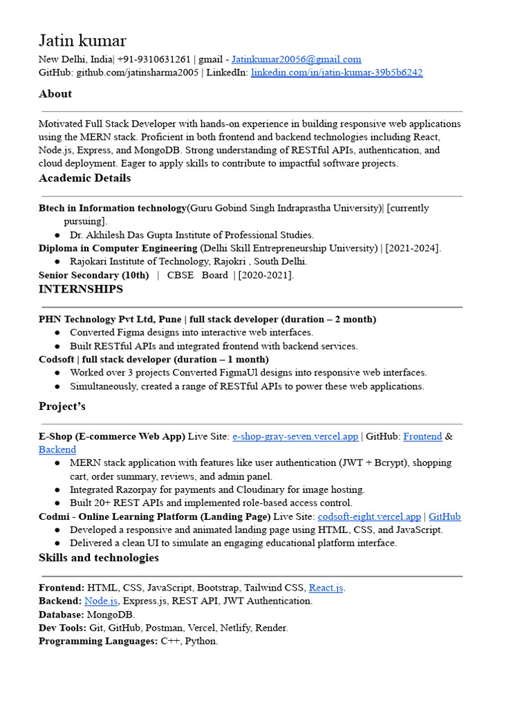 Jatin Kumar Resume | PDF