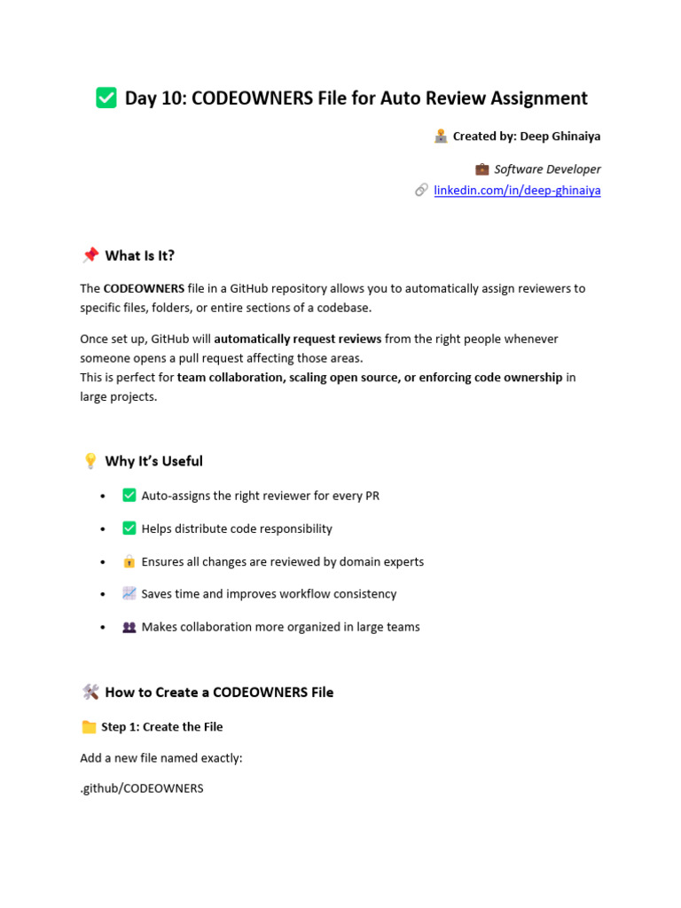 Day 10 CODEOWNERS File For Auto Review Assignment | PDF