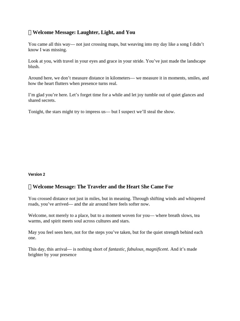 Heartfelt Welcome Messages for Travelers | PDF