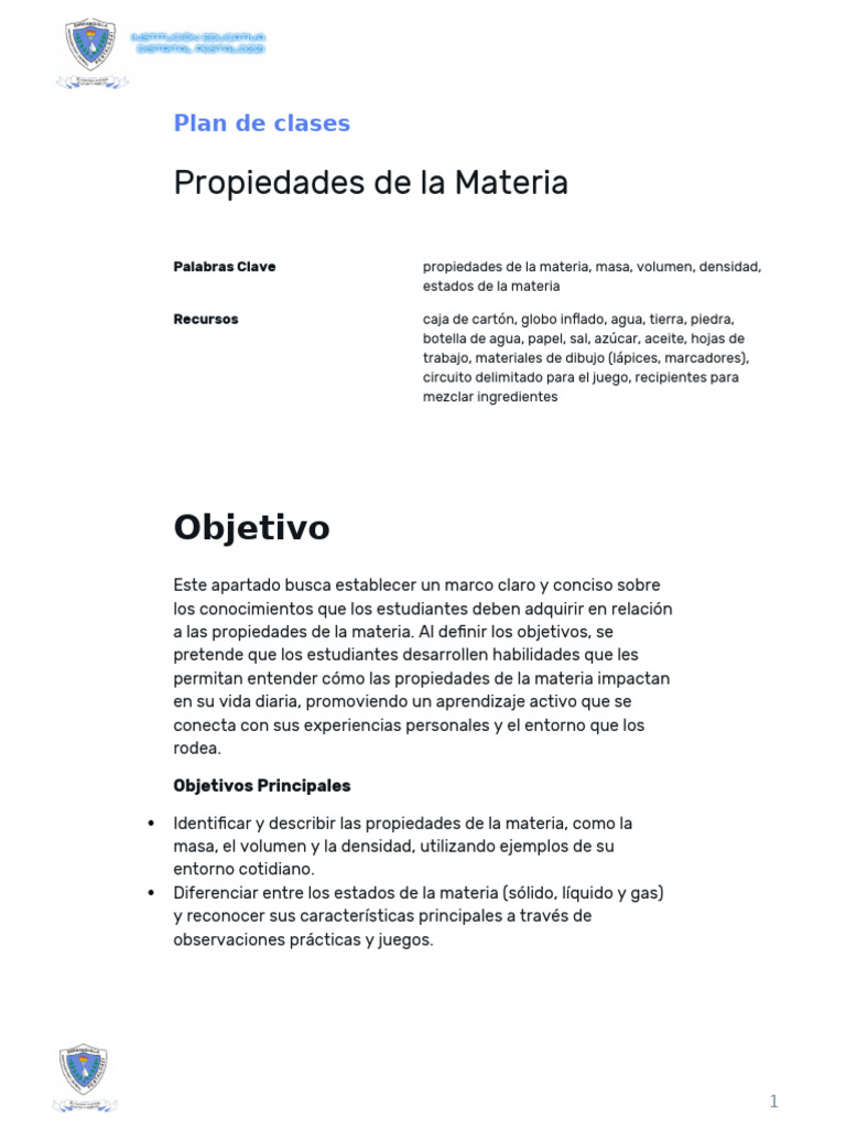 Plan de Clases: Propiedades de la Materia | PDF | Importar | Gases