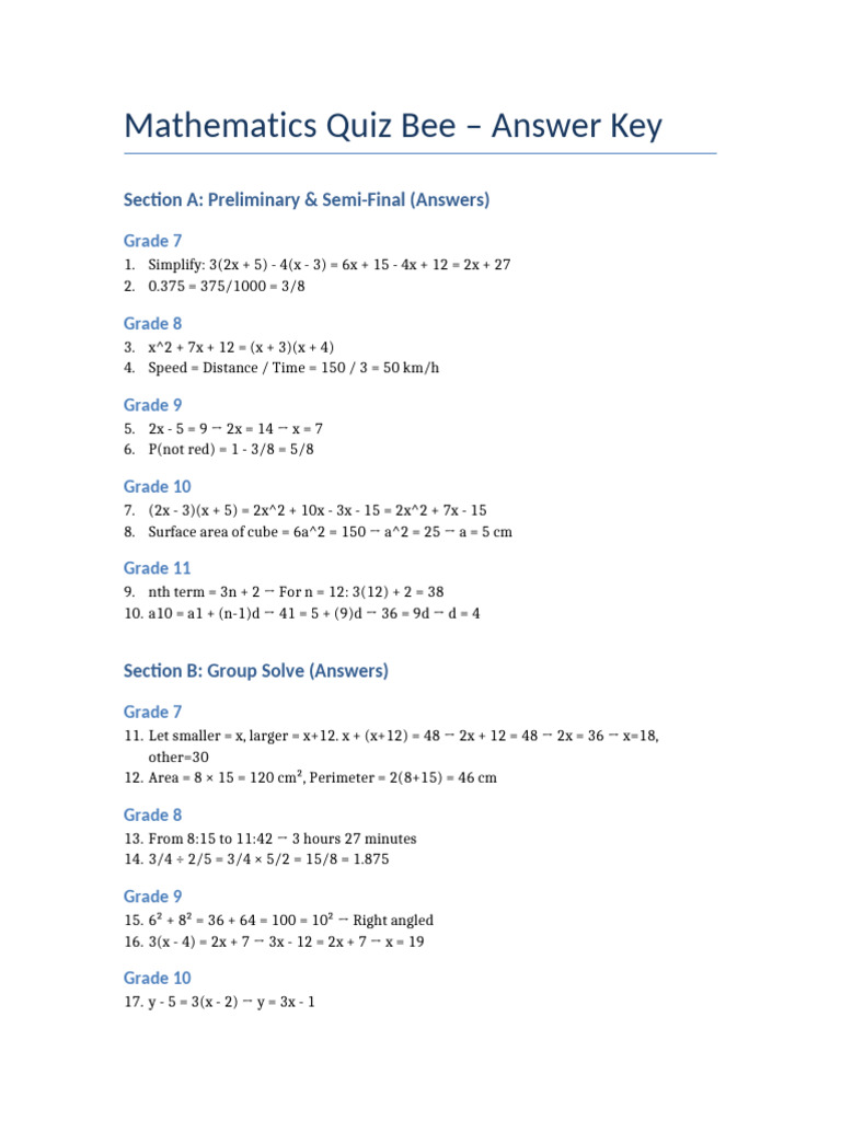 Grade 11 Math Quiz Bee Answers | PDF