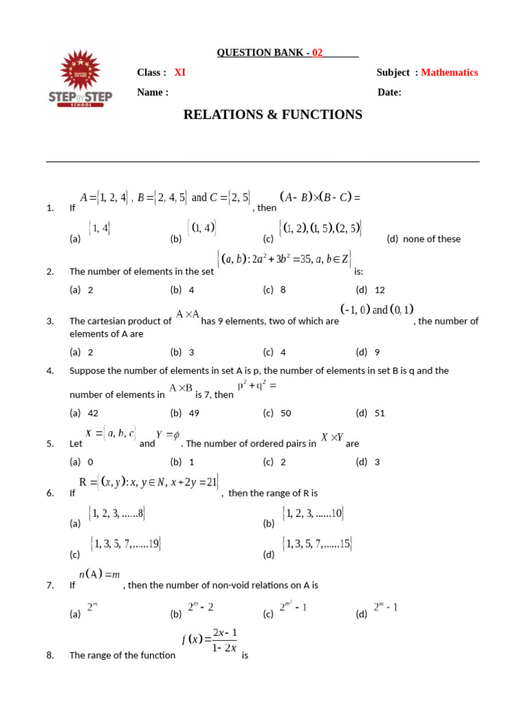 QB 2 Relations & Functions | PDF | Function (Mathematics ...