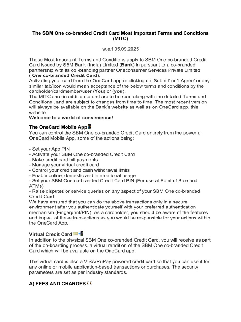 SBM MITC English Sep2025 | PDF | Credit Card | Fee