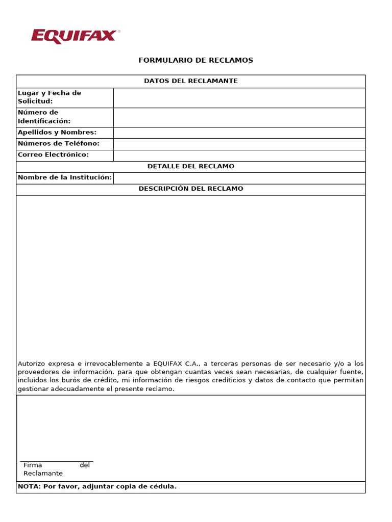 Formulario de Reclamos EQUIFAX C.A. | PDF