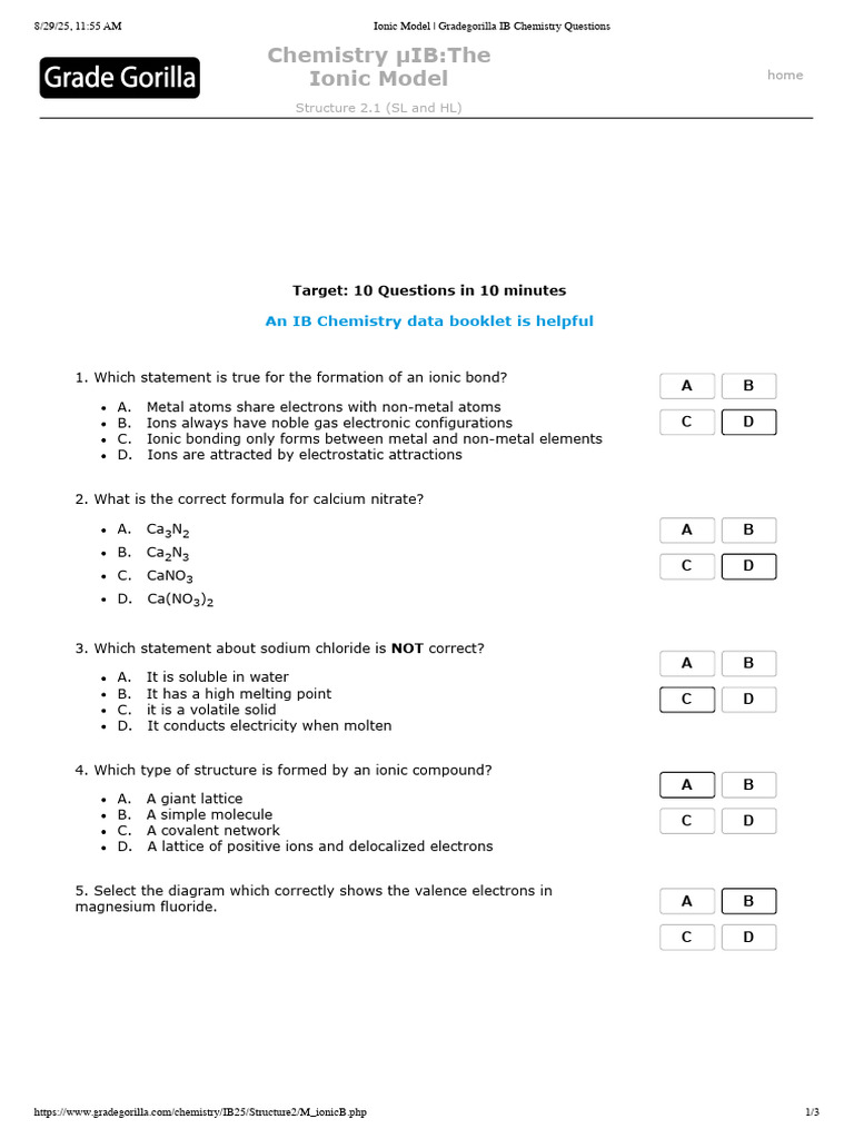 Ionic Model - Gradegorilla IB Chemistry Questions | PDF | Salt (Chemistry) | Ion