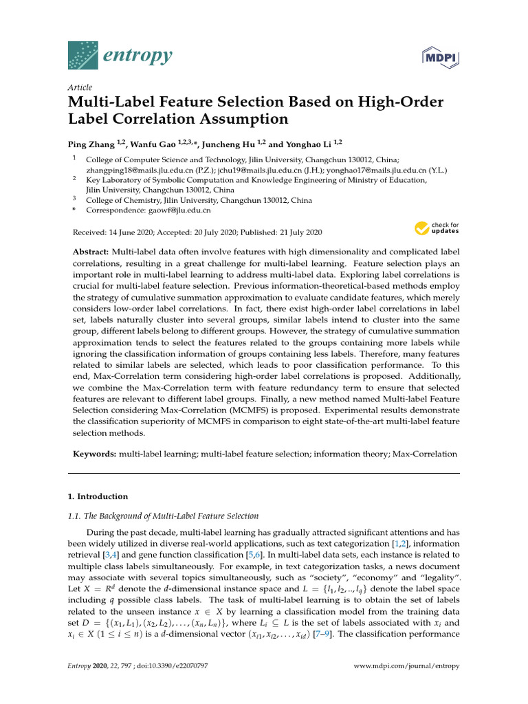 Multi-Label Feature Selection Based On High-Order Label Correlation Assumption | PDF ...