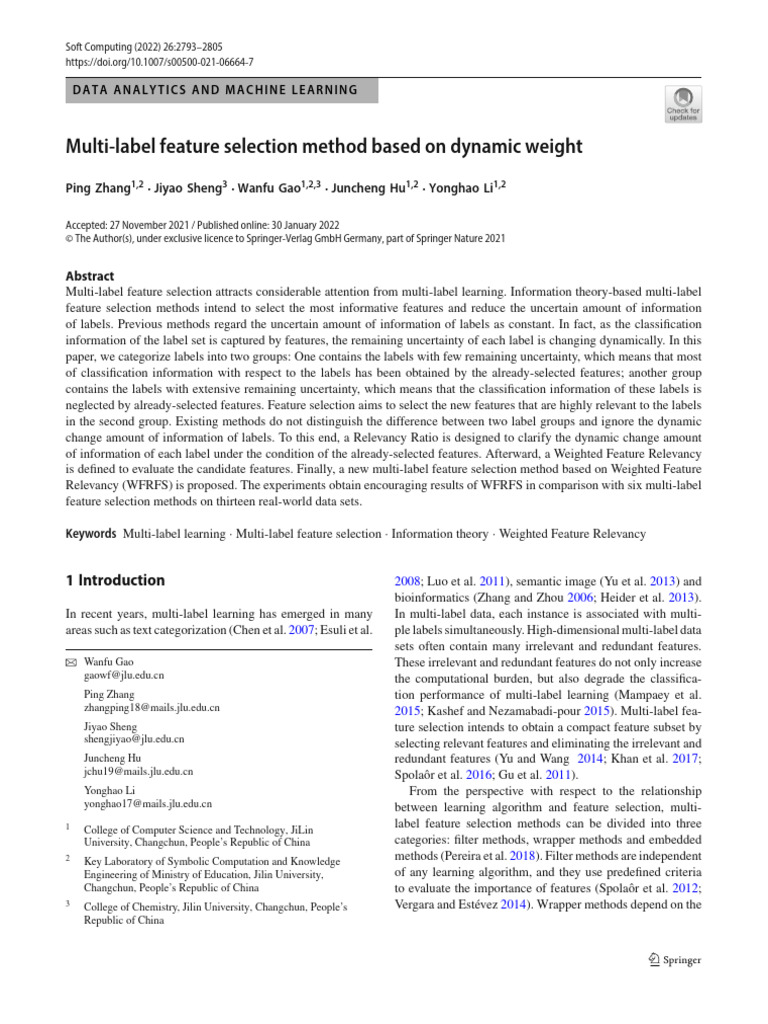 Multi-Label Feature Selection Method Based On Dynamic Weight | PDF | Applied Mathematics ...