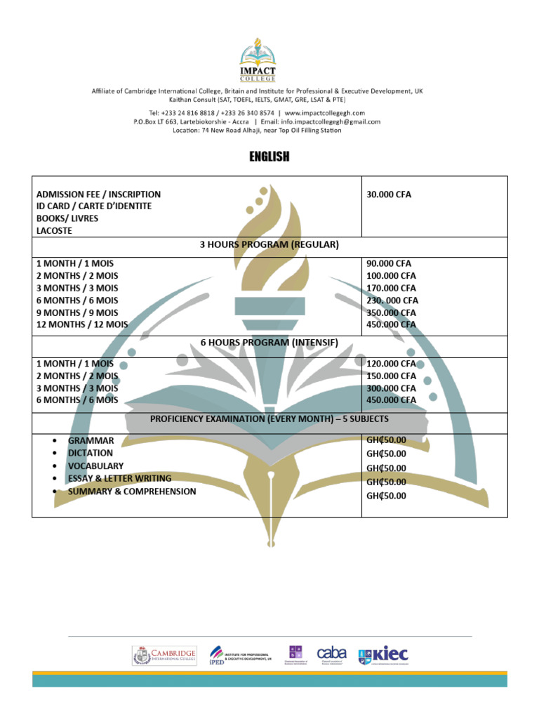 English Course Fees and Programs | PDF