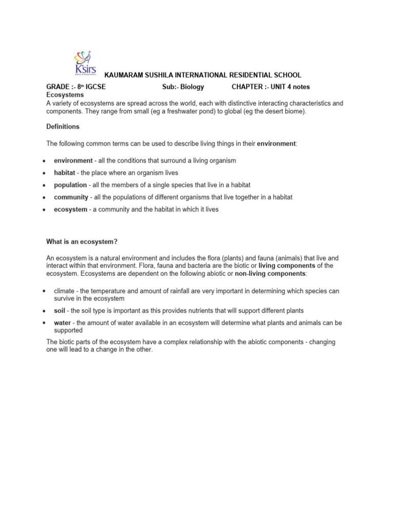 UNit 4 - Ecosystems Notes | PDF | Ecosystem | Atmosphere Of Earth