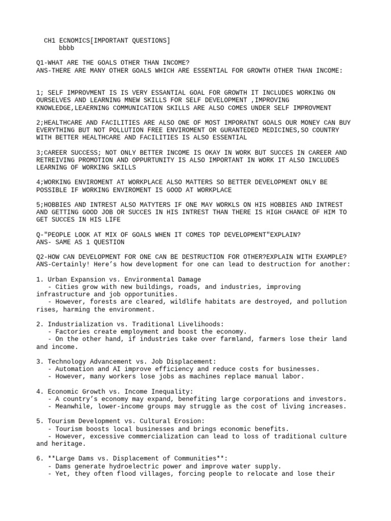 CH1 Ecnomics (Important Questions) | PDF | Cost Of Living | Economic Growth