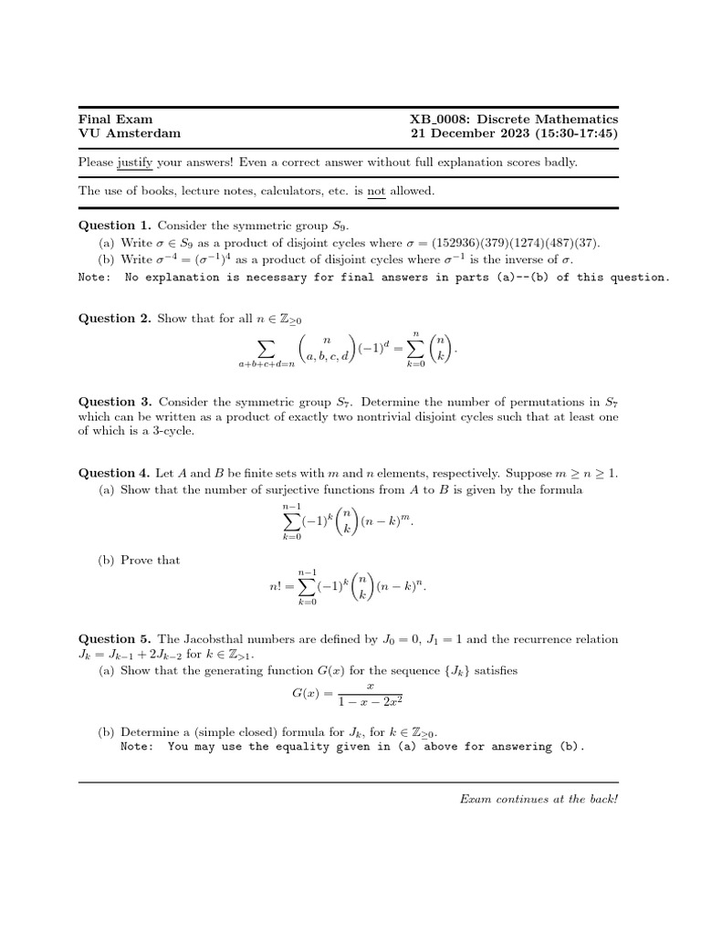 Discrete Mathematics Final Exam Guide | PDF | Permutation | Discrete ...