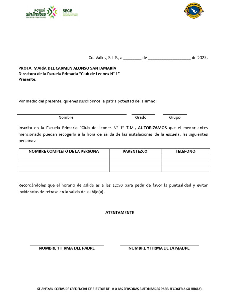 Autorización para Recoger Estudiantes Primaria | PDF