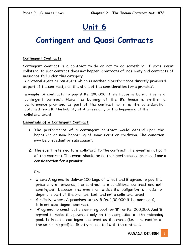 Unit 6 - Contingent & Quasi Contract | PDF | Consideration | Civil Law (Legal System)