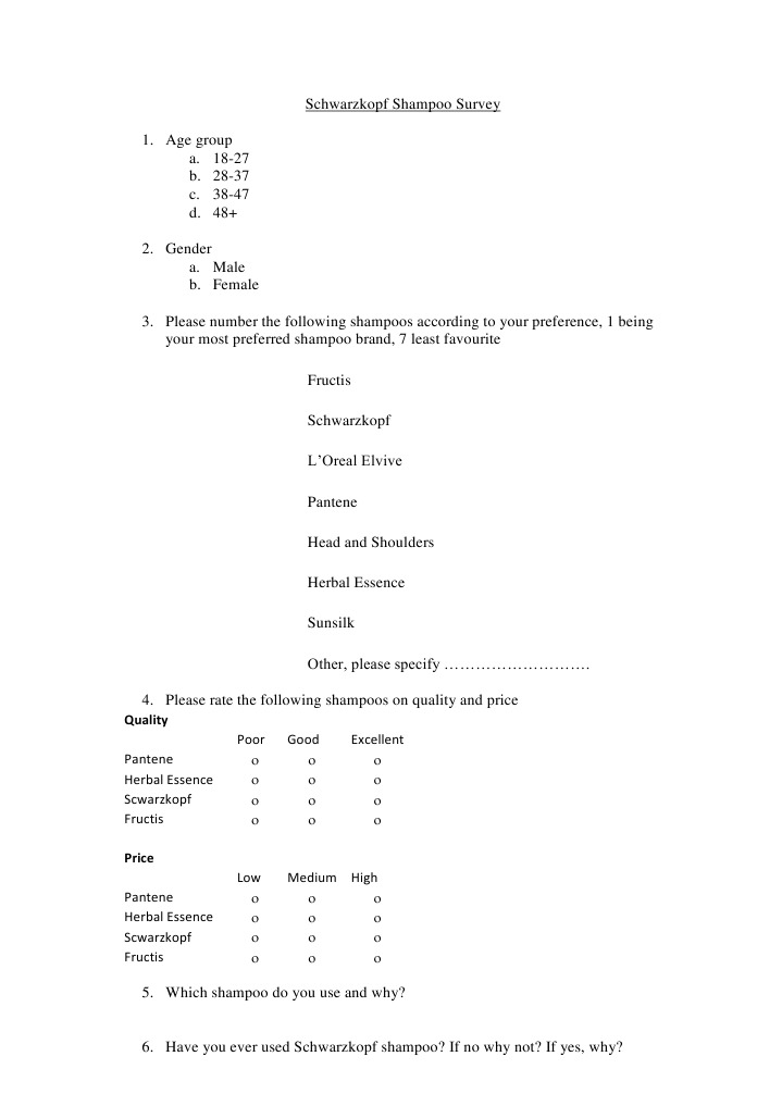 Schwarzkopf Shampoo Survey Final XX | PDF | Self-Improvement