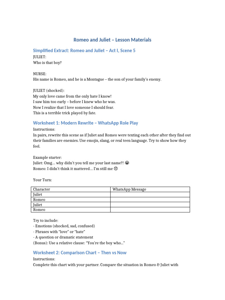 Romeo and Juliet Lesson Materials | PDF