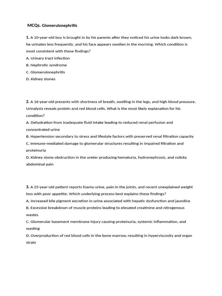 Glomerulonephritis & Nephrotic Syndrome MCQs | PDF | Edema | Kidney
