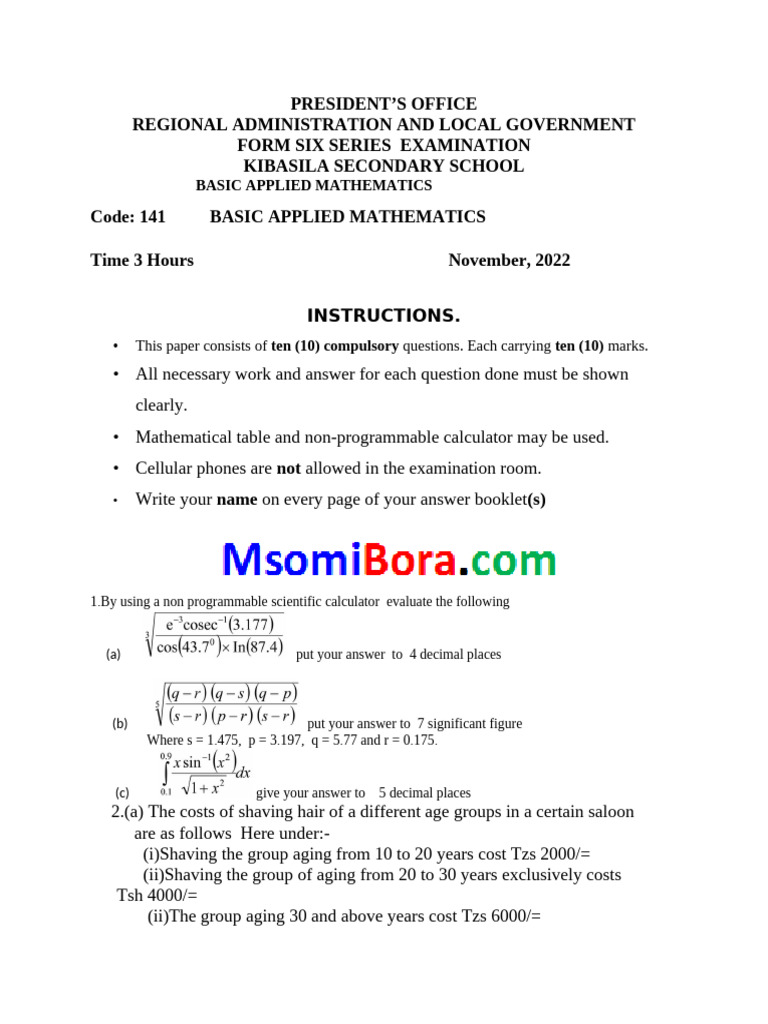 Kibasila Series Form Six Remedial Bam | PDF | Linear Programming | Mathematics