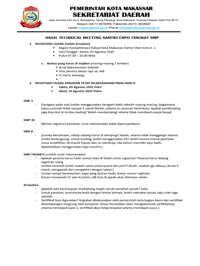 Hasil Technical Meeting Santri Expo Tingkat SMP | PDF
