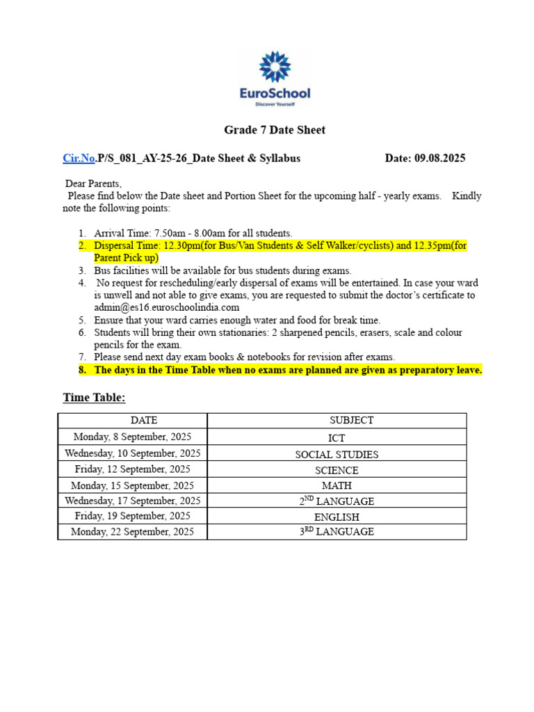 ESUT Grade 7 HY Portion & Date Sheet - Docx - 1691094683402375169SD - PDF | PDF