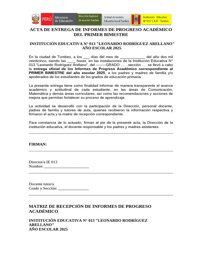 Acta de Entrega de Informes de Progreso Académico Del Primer Bimestre y Carte de Compromiso ...