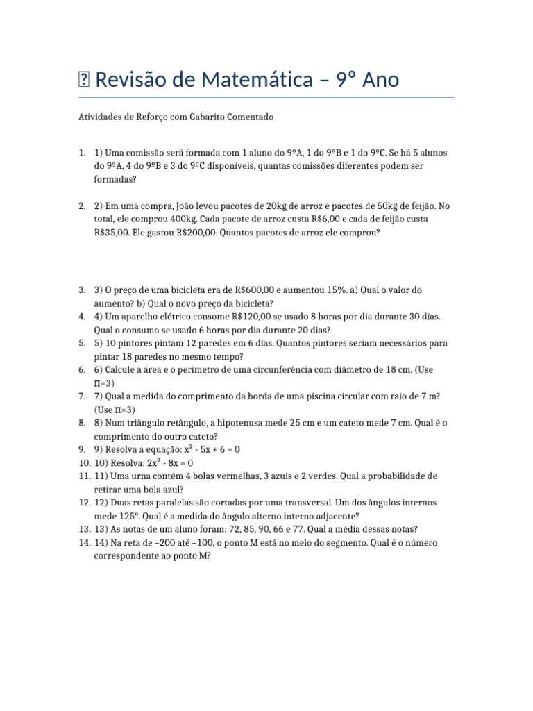 Revisão de Matemática 9º Ano com Gabarito | PDF | Geometria Euclidiana ...
