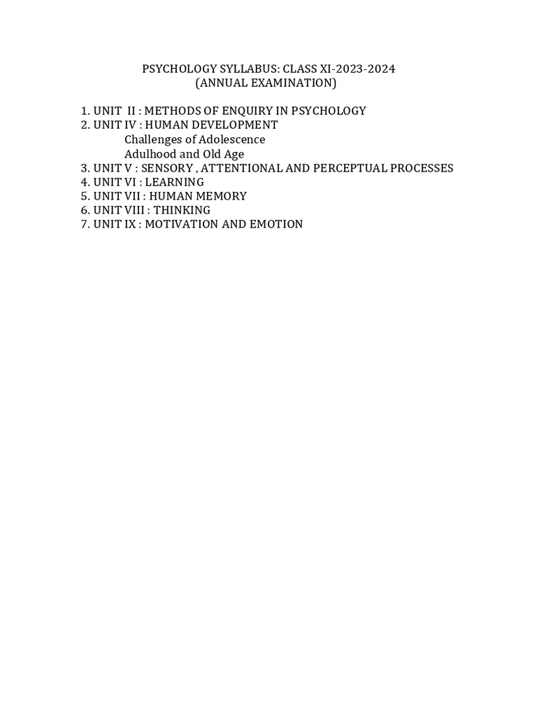 Psychology Syllabus - Classxi - Annual | PDF