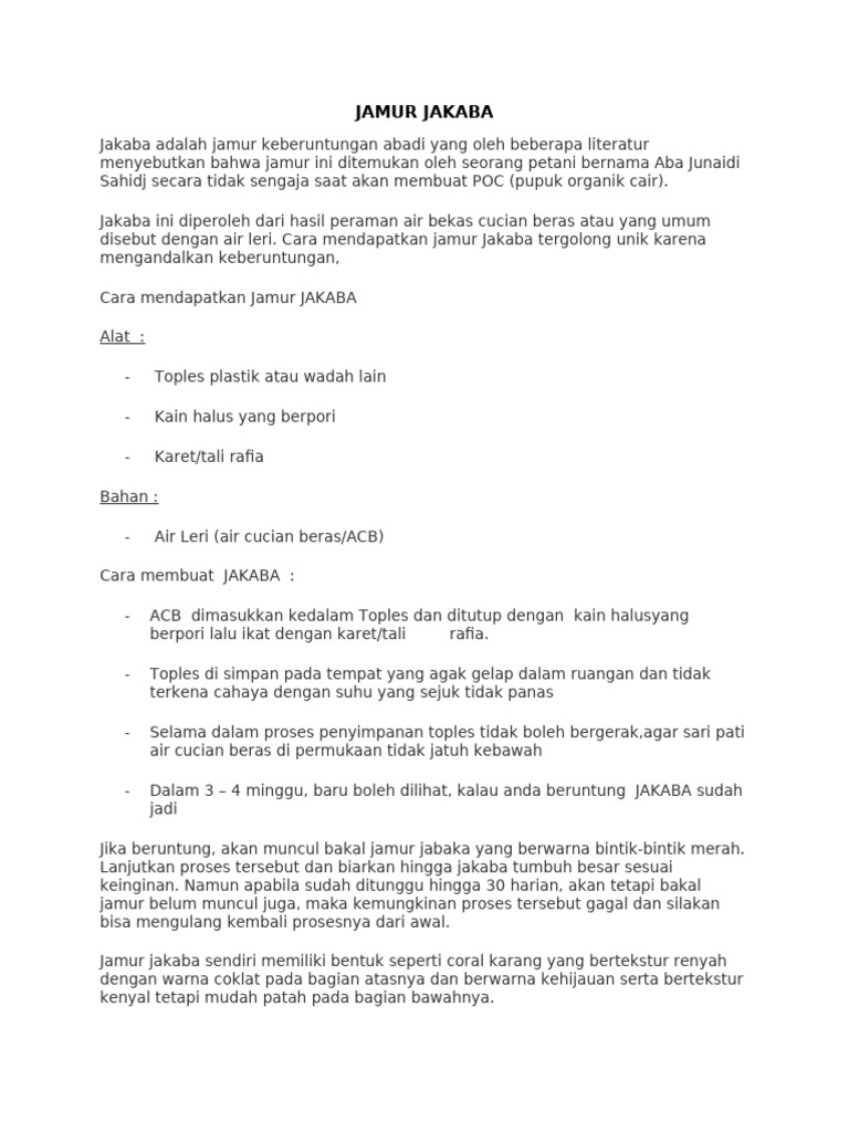 Manfaat dan Cara Budidaya Jamur Jakaba | PDF