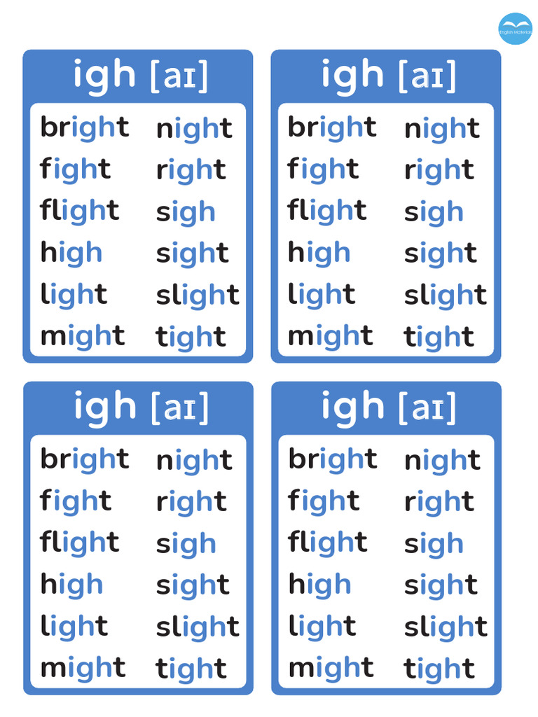 Igh Sound Spelling List Cards Englishmat 1 | PDF