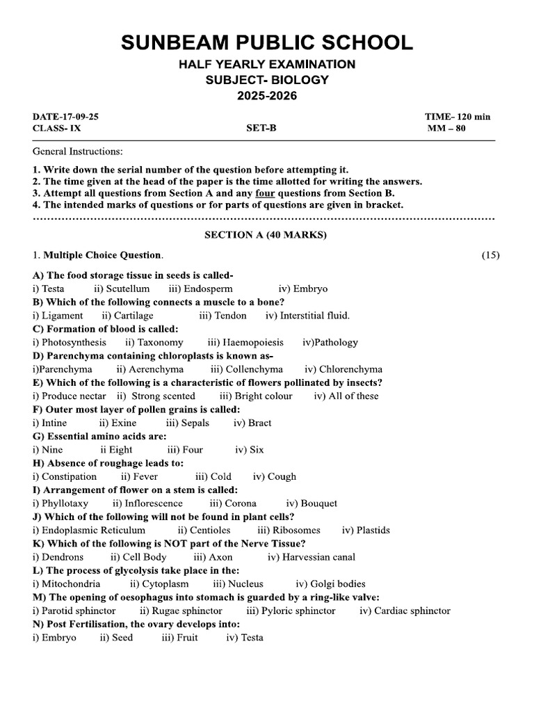 HY Set-B Class9 Biology (11SEP) | PDF