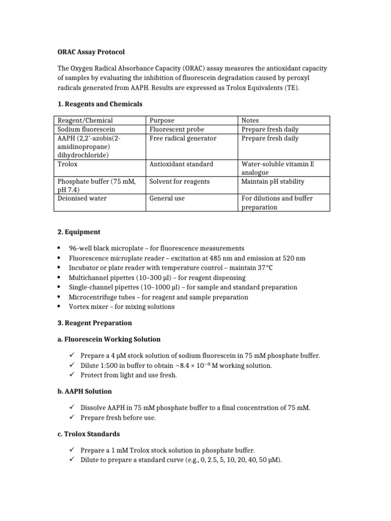 ORAC Assay Protocol Overview | PDF | Analytical Chemistry | Chemistry
