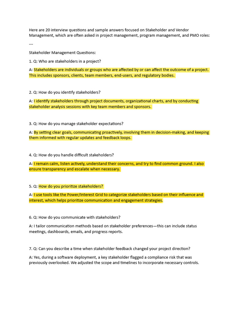 Stakeholder and Vendor Management Q&A | PDF | Service Level Agreement ...