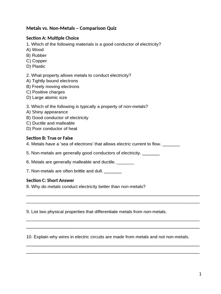 Metals Vs NonMetals Comparison Quiz With Answers | PDF | Metals ...