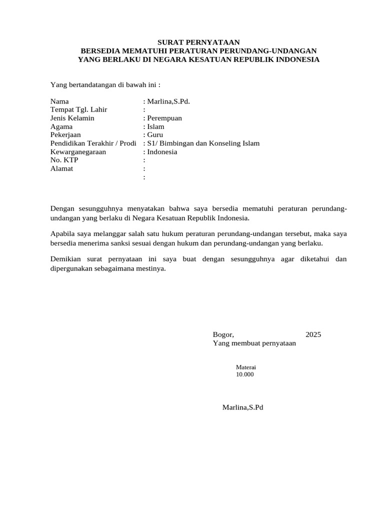 Surat Pernyataan Patuh Hukum Indonesia | PDF