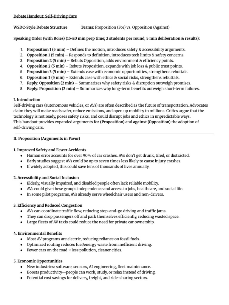 Self-Driving Cars Debate Guide | PDF | Transport | Land Transport