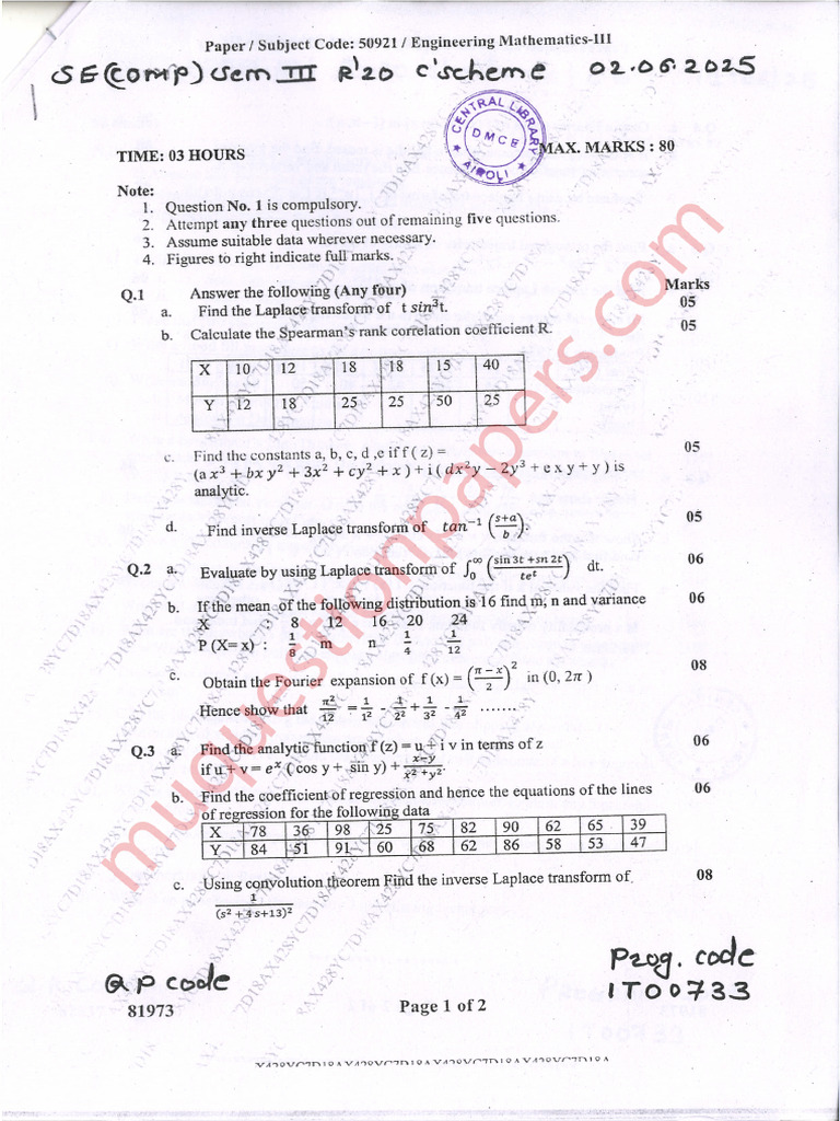 Be Computer Engineering Semester 3 2025 May Engineering Mathematics III Rev 2019 C Scheme | PDF