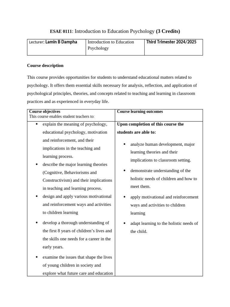 Intro to Educational Psychology Course | PDF | Educational Psychology ...