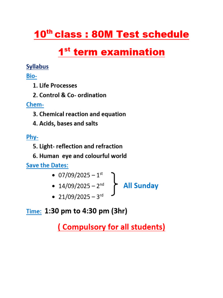 10th Class Syllabus and Test Dates 2025 | PDF